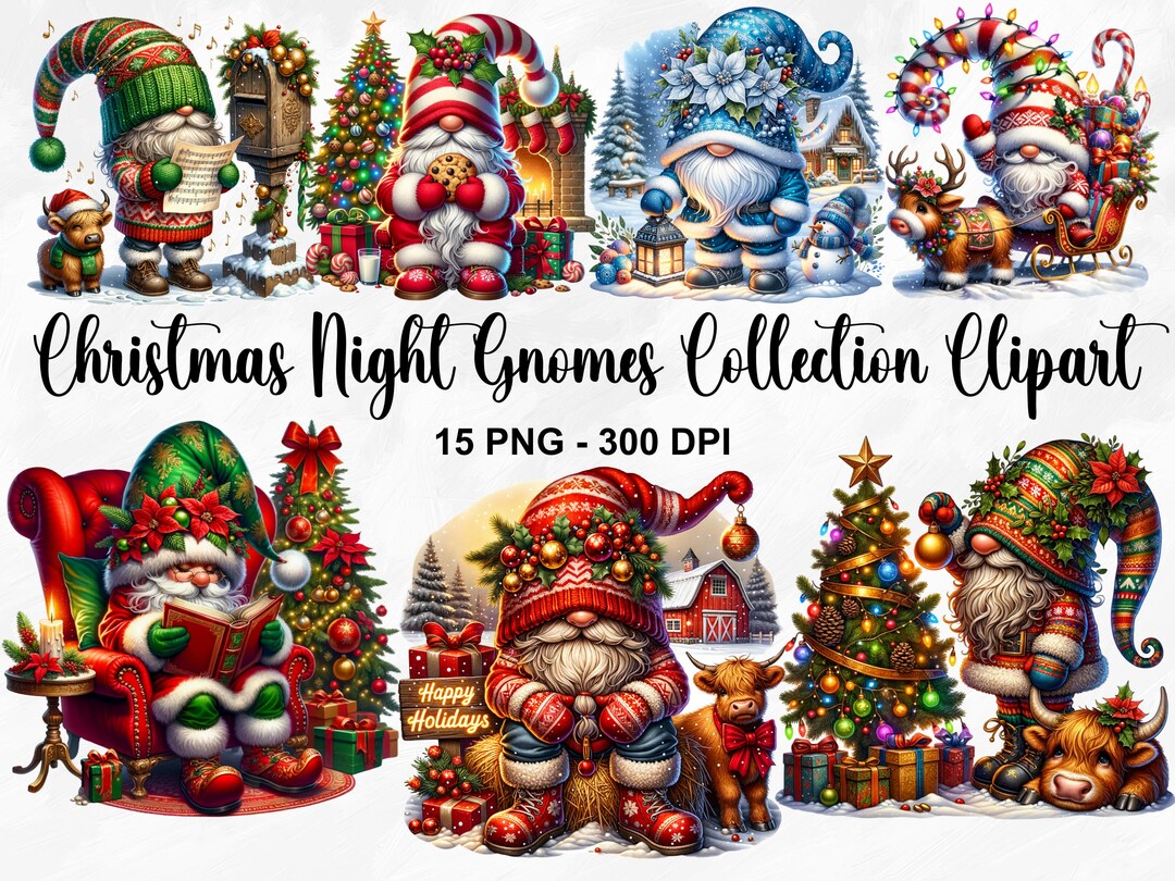 Watercolor Christmas Night Gnomes Collection Clipart, 15 PNG Christmas ...
