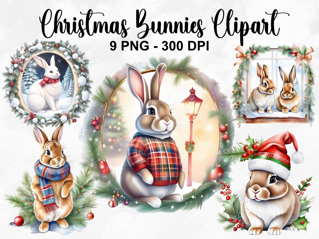 Watercolor Christmas Bunnies Clipart, 9 PNG Christmas Bunny Clipart ...