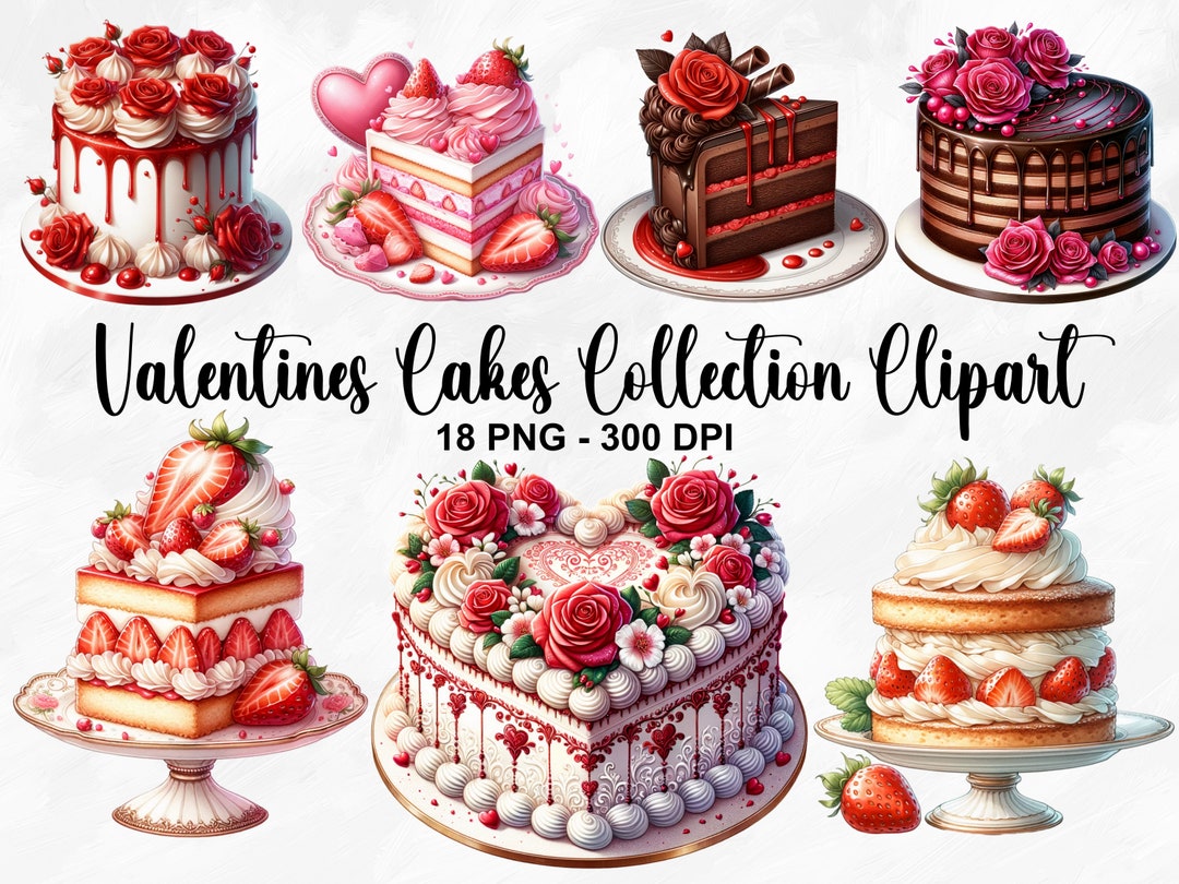 Watercolor Valentines Cakes Clipart, 18 PNG Valentines Day Clipart ...