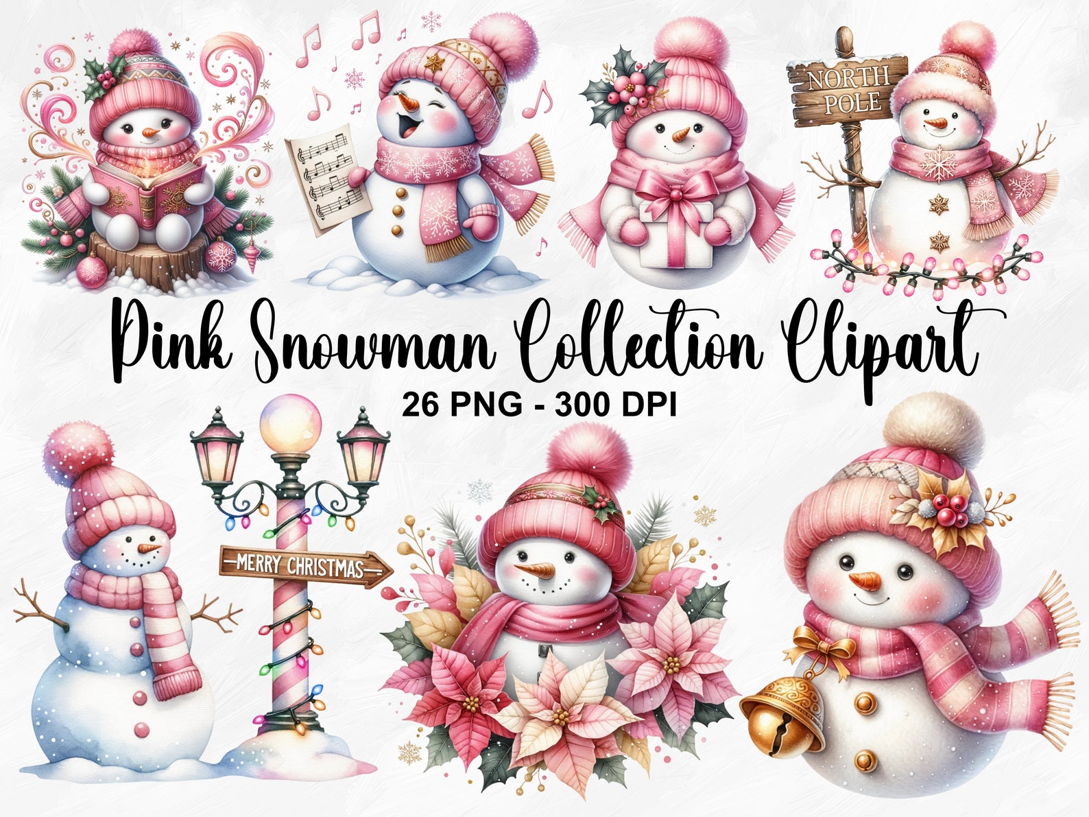 Watercolor Pink Snowman Collection Clipart 26 PNG Festive - Etsy Canada