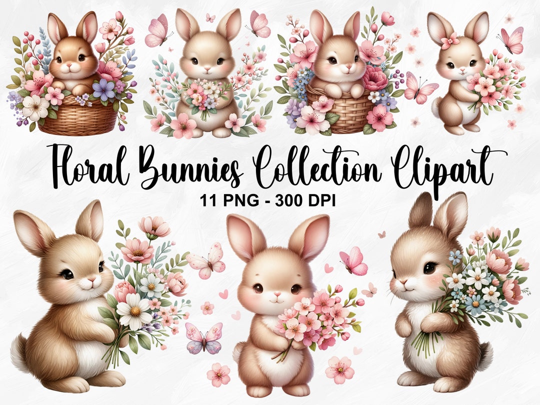 Watercolor Floral Bunnies Collection Clipart, 11 PNG Nursery Spring ...