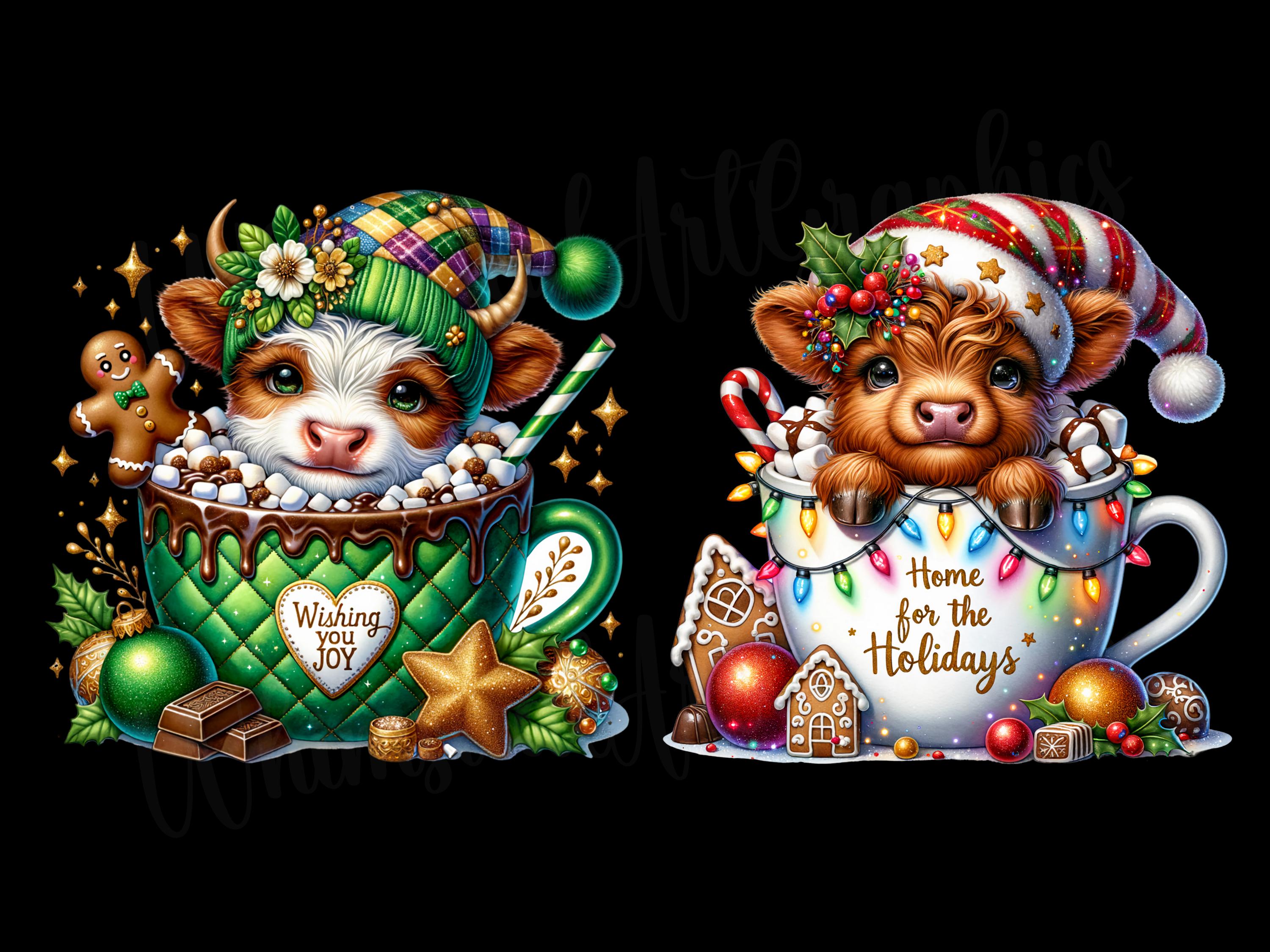 Watercolor Hot Cocoa Cows Collection Clipart, 12 PNG Christmas Clipart ...