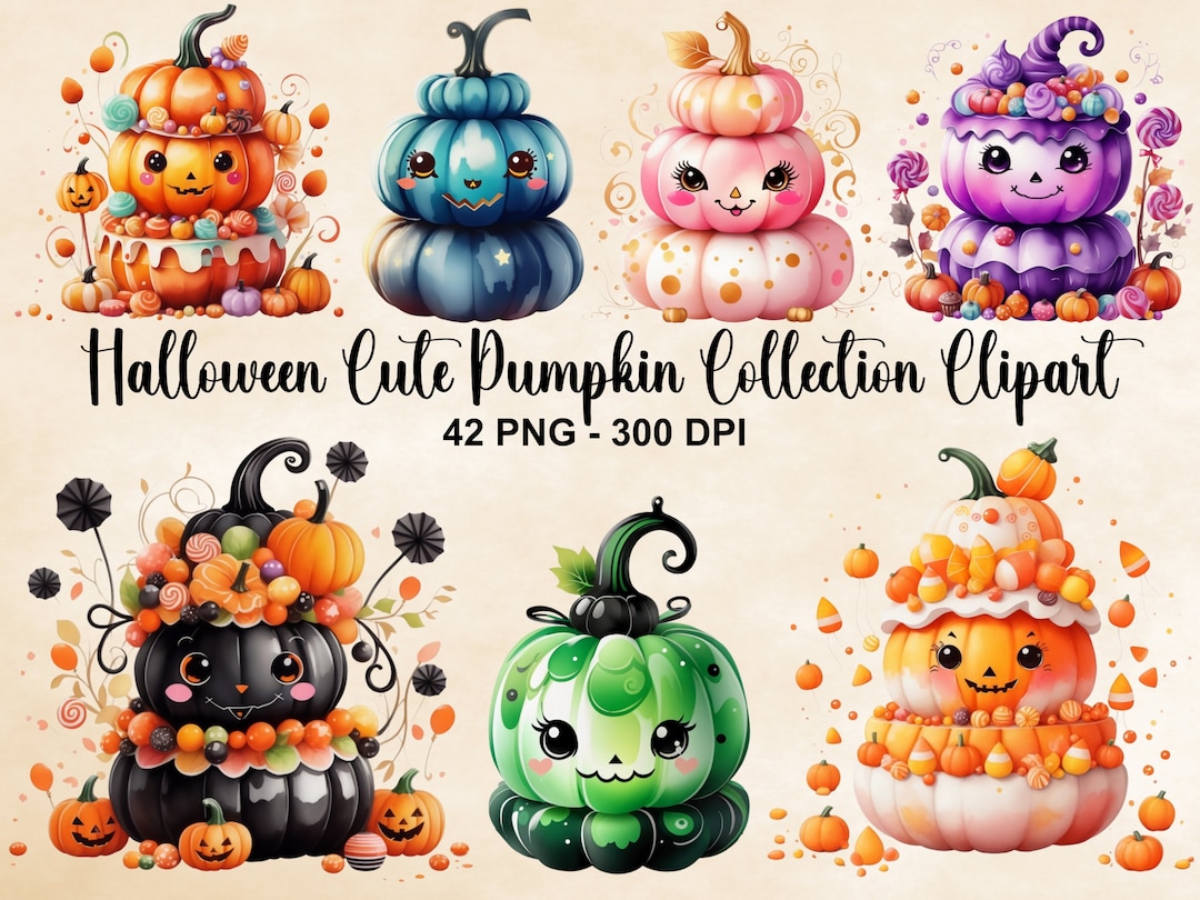 Watercolor Halloween Cute Pumpkin Collection Clipart, 42 PNG Halloween ...