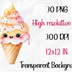 Watercolor Kawaii Ice Cream Clipart, 30 PNG Ice Cream Clipart, Kawaii ...
