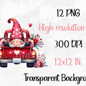 Watercolor Valentine Truck & Gnomes Clipart, 12 PNG Valentines Clipart ...