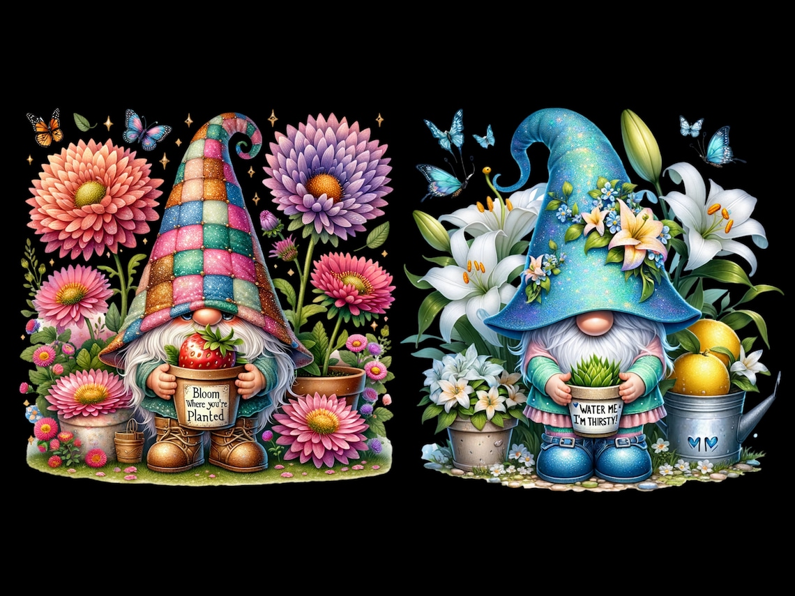 Watercolor Spring Garden Gnomes Clipart, 11 PNG Garden Gnome Clipart ...