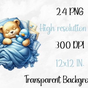 Watercolor Sleeping Blue Teddy Bear Clipart, 24 PNG Sleepy Teddy Bear ...