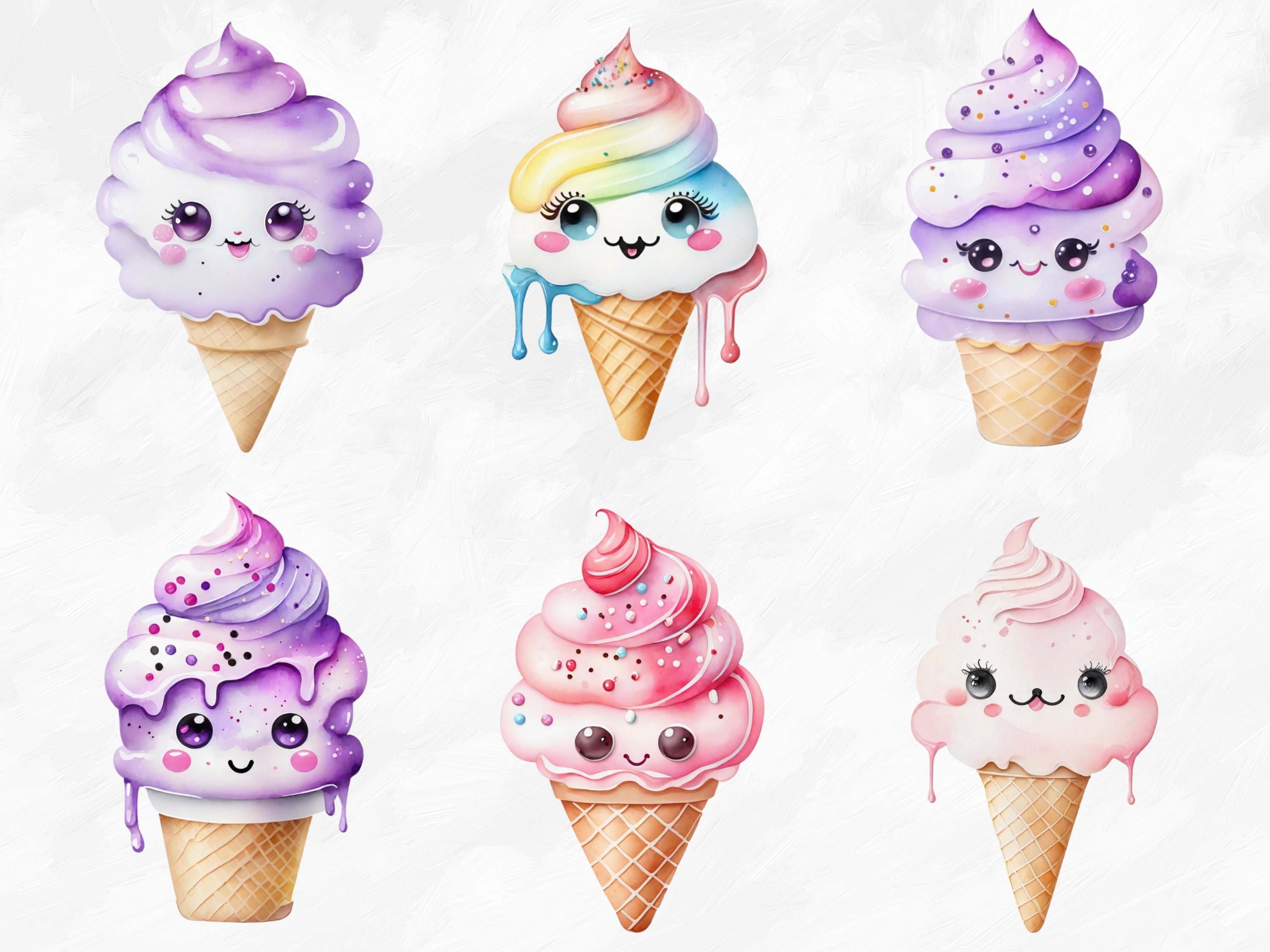 Watercolor Kawaii Ice Cream Clipart, 30 PNG Ice Cream Clipart, Kawaii ...