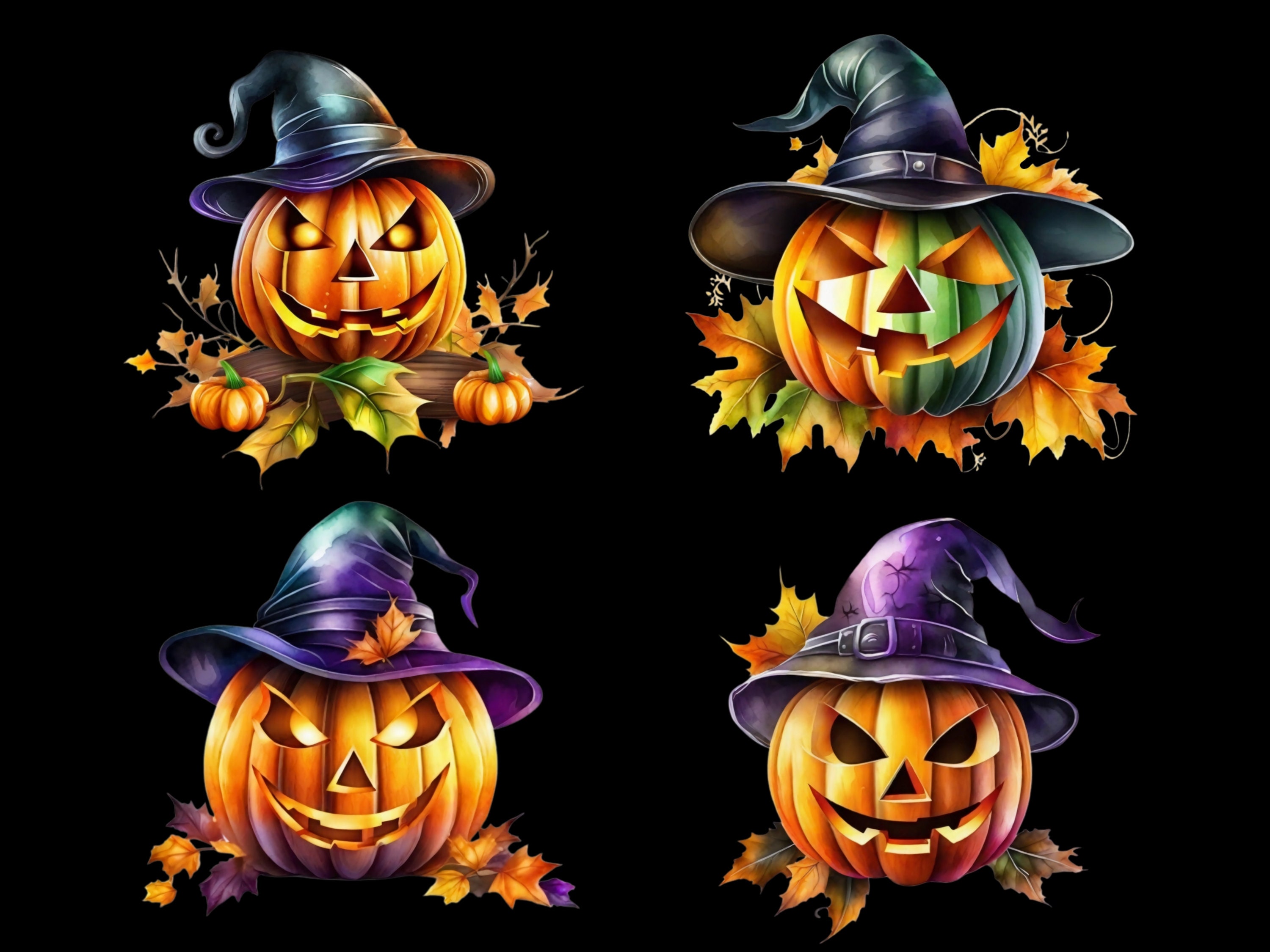 Watercolor Halloween Jack O Lantern Collection Clipart, 30 PNG ...