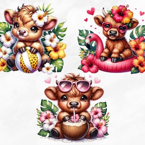 Watercolor Summer Highland Cows Collection Clipart, 12 PNG Beach ...