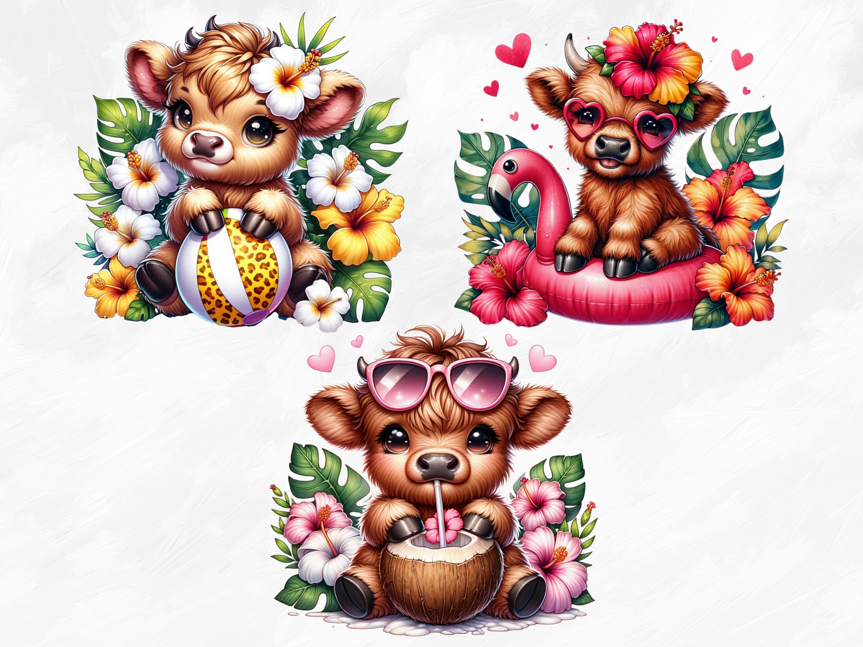 Watercolor Summer Highland Cows Collection Clipart, 12 PNG Beach ...