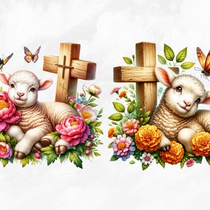 Watercolor Lamb With Cross Collection Clipart, 11 PNG Flower Crucifix ...
