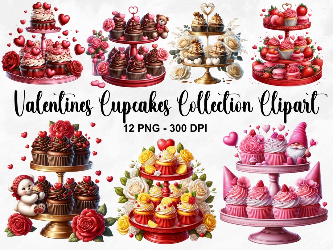Watercolor Valentines Cupcakes Collection Clipart, 12 PNG Valentines ...
