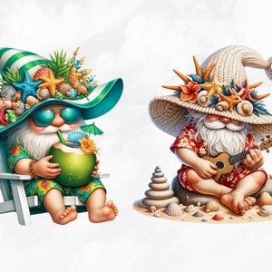 Watercolor Summer Beach Gnome Collection Clipart, 12 PNG Gnome Clipart ...