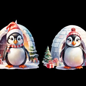 Watercolor Igloo Penguin Collection Clipart, 11 PNG Christmas Penguin ...