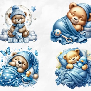 Watercolor Sleeping Blue Teddy Bear Clipart, 24 PNG Sleepy Teddy Bear ...