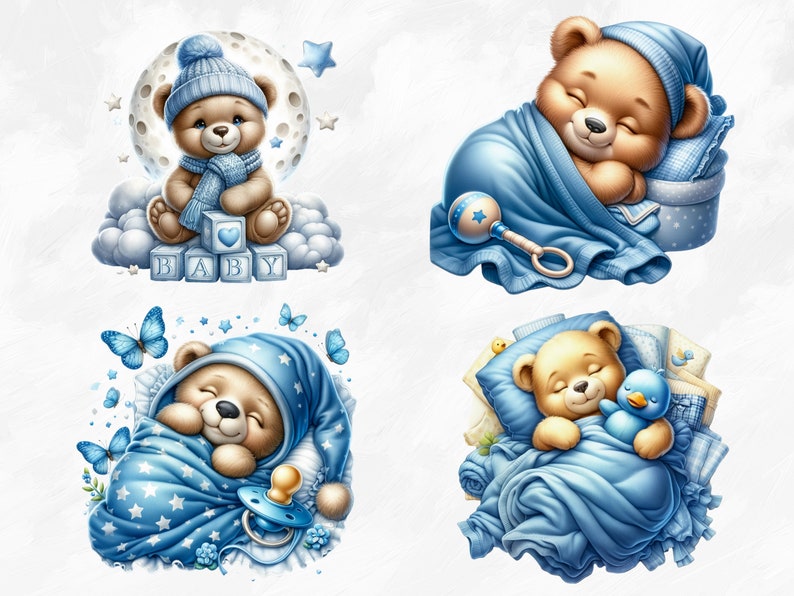 Watercolor Sleeping Blue Teddy Bear Clipart, 24 PNG Sleepy Teddy Bear ...