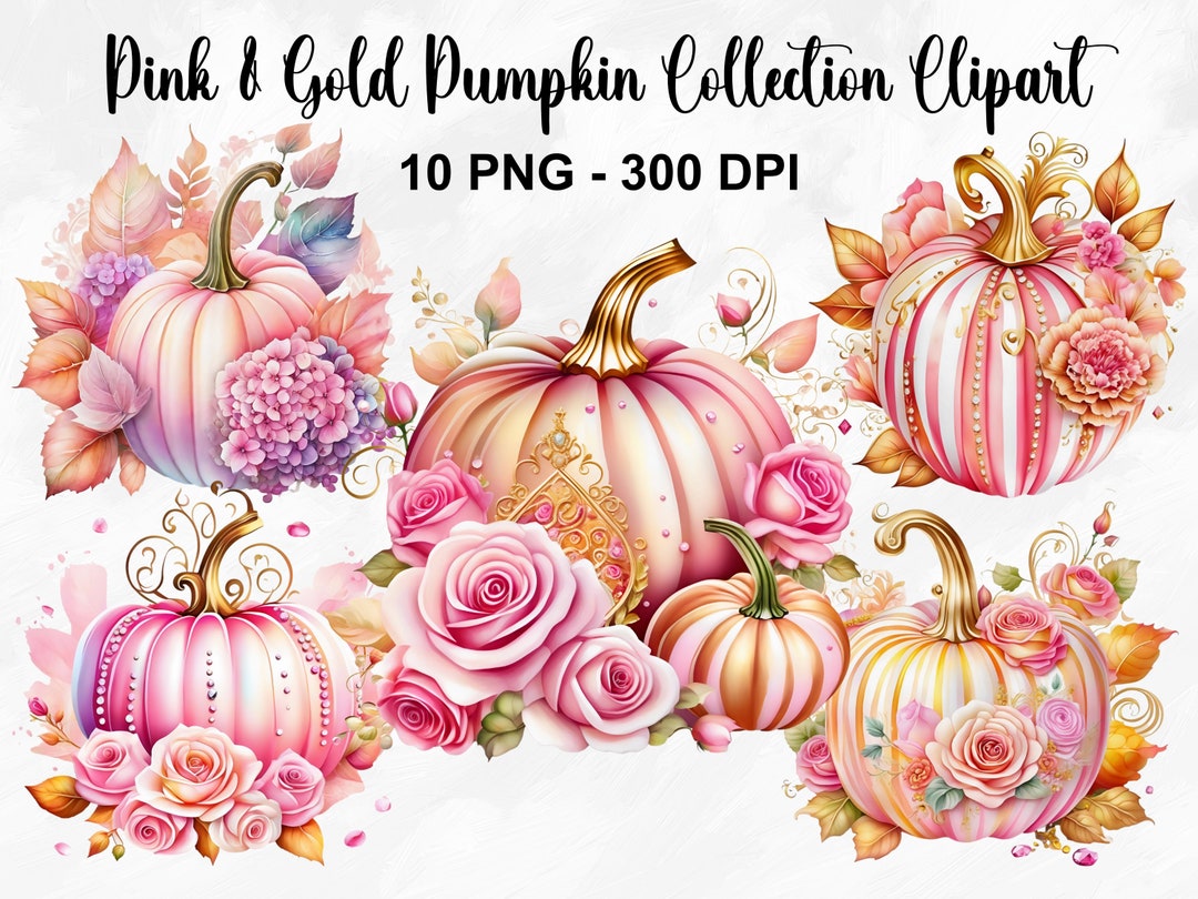 Watercolor Pink & Gold Pumpkin Collection Clipart, 10 PNG Pumpkins ...