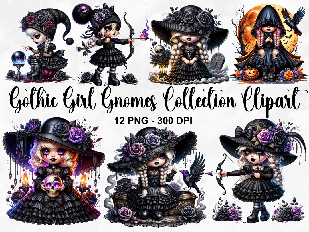 Watercolor Gothic Girl Gnomes Collection Clipart, 12 PNG Halloween ...