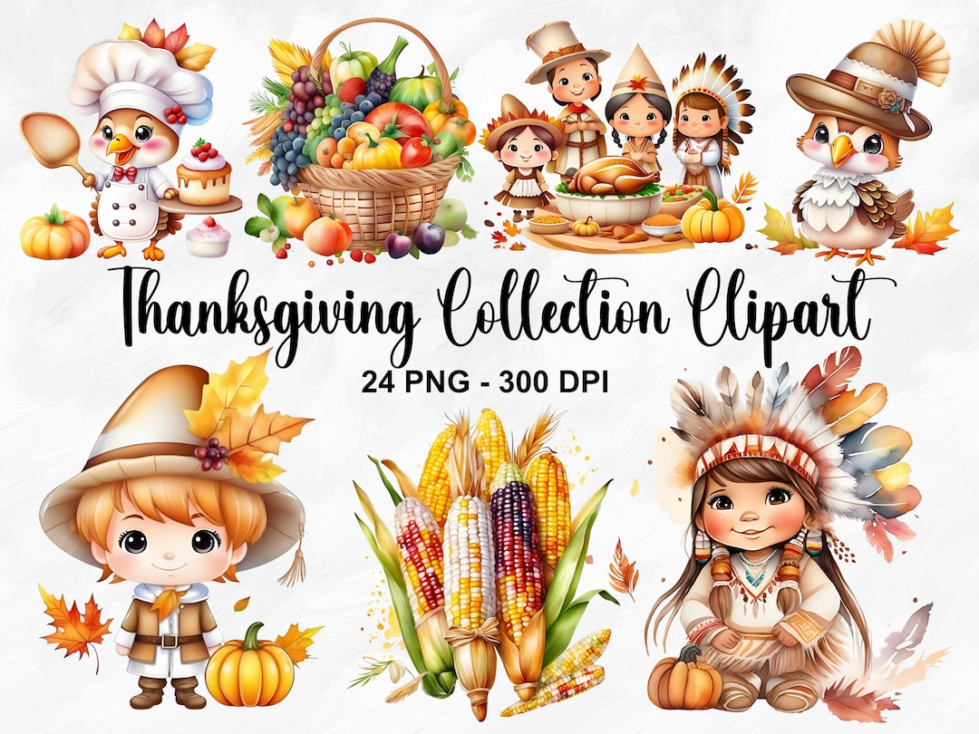 Watercolor Thanksgiving Collection Clipart, 24 PNG Thanksgiving Feast ...
