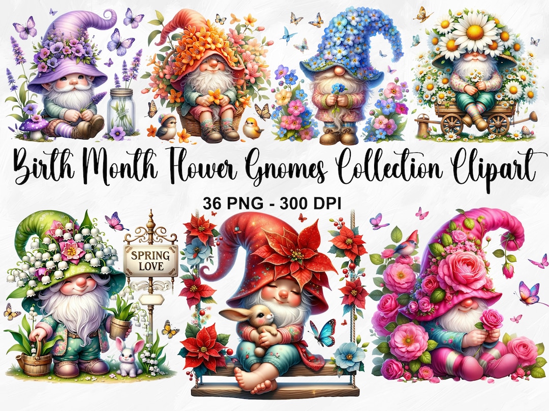 Watercolor Birth Month Flower Gnomes Clipart, 36 PNG Garden Gnome ...
