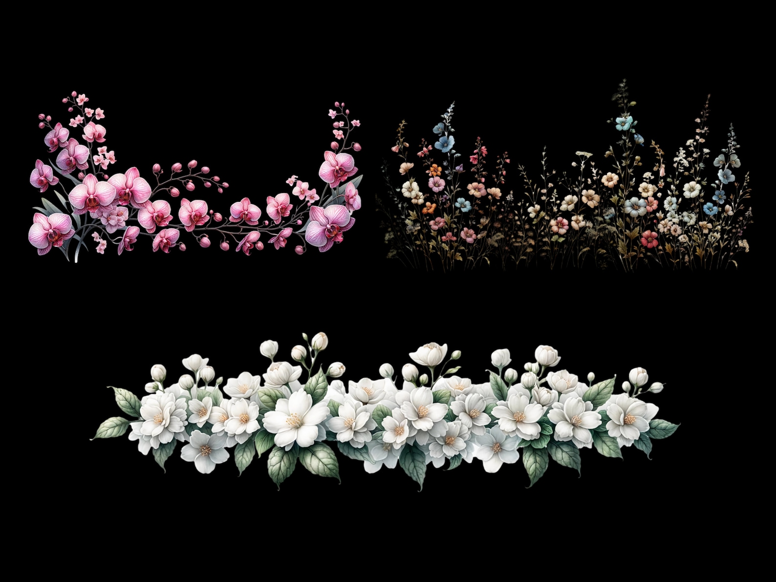 Watercolor Flower Border Collection Clipart, 17 PNG Floral Clipart ...