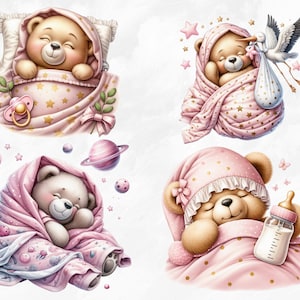 Watercolor Pink Sleepy Teddy Bear Clipart, 23 PNG Cute Baby Bear ...