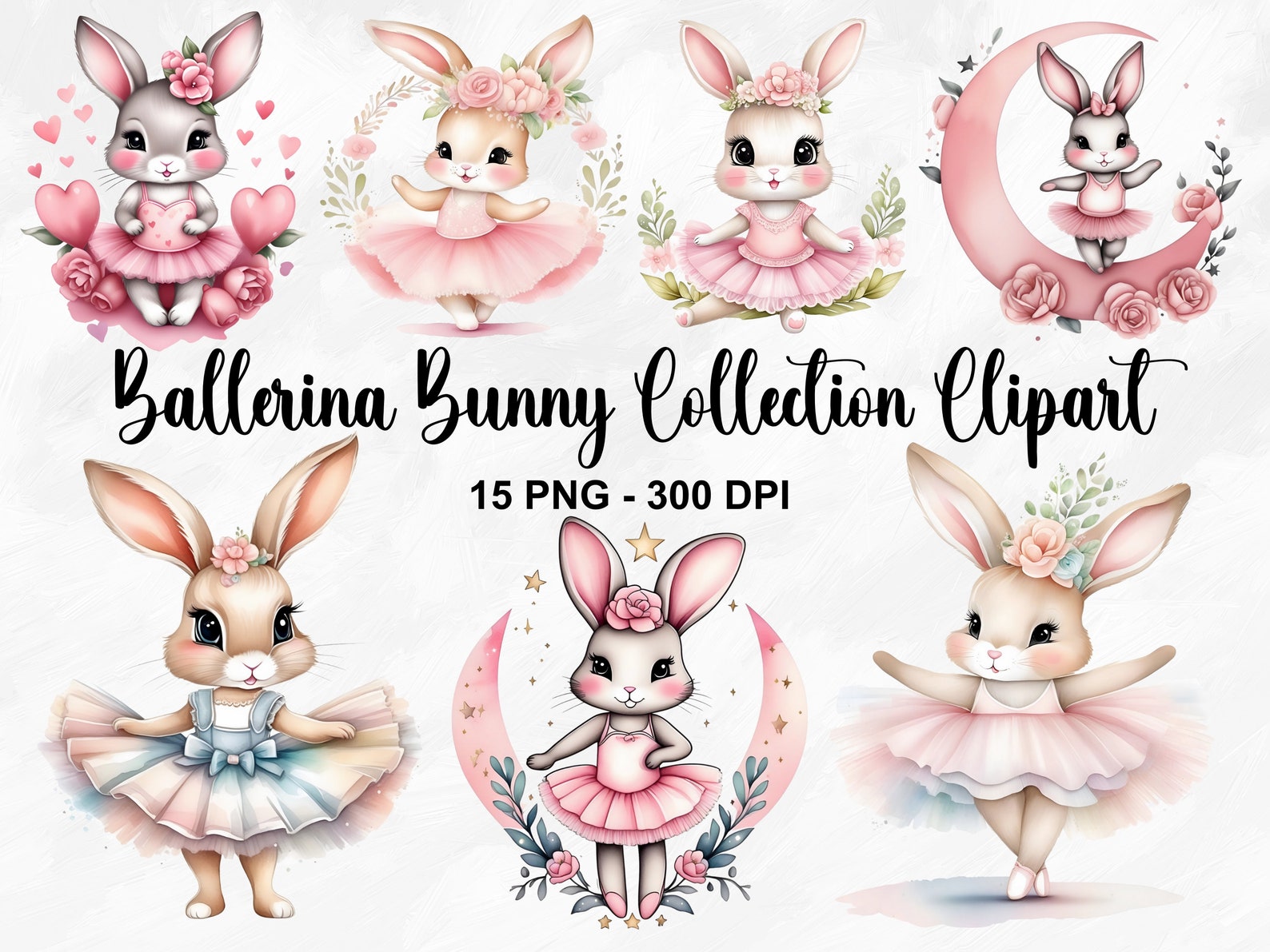 Watercolor Ballerina Bunny Collection Clipart, 15 PNG Ballet Bunnies ...