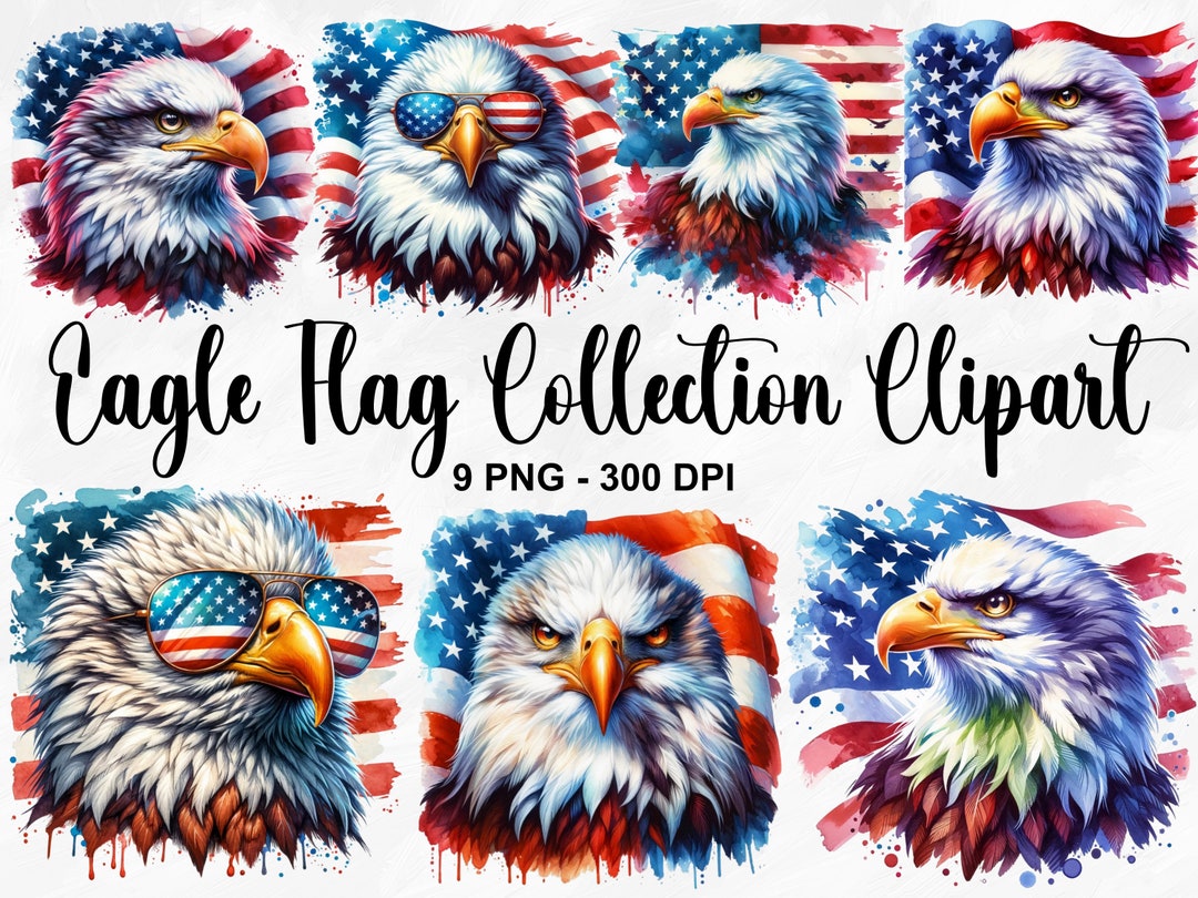 Watercolor Eagle Flag Collection Clipart, 9 PNG 4th of July Eagle ...