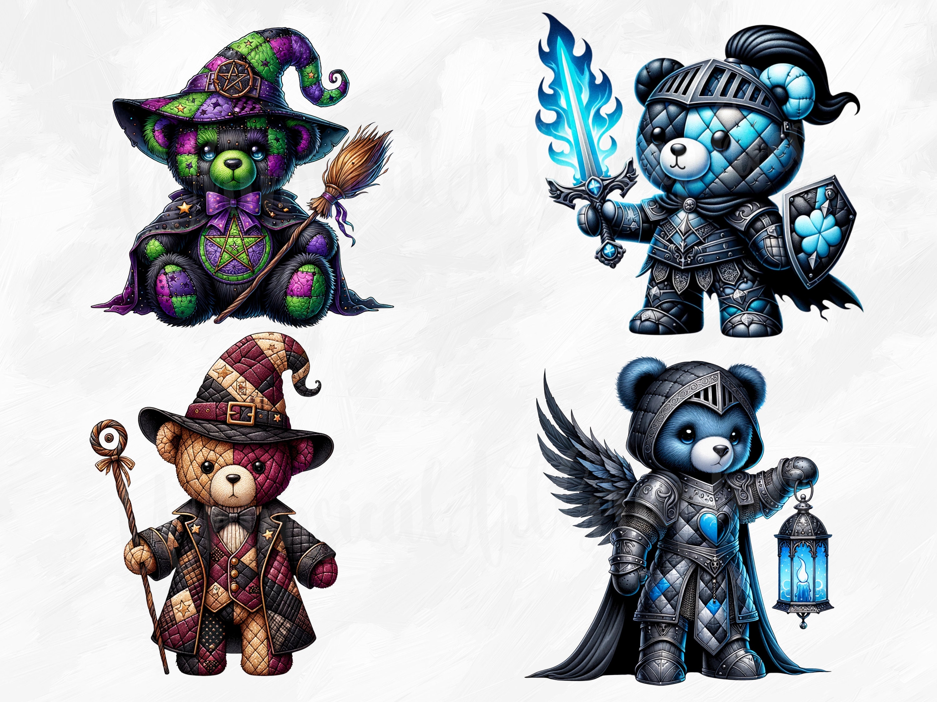 Watercolor Gothic Teddy Bears Collection Clipart, 18 PNG Halloween ...