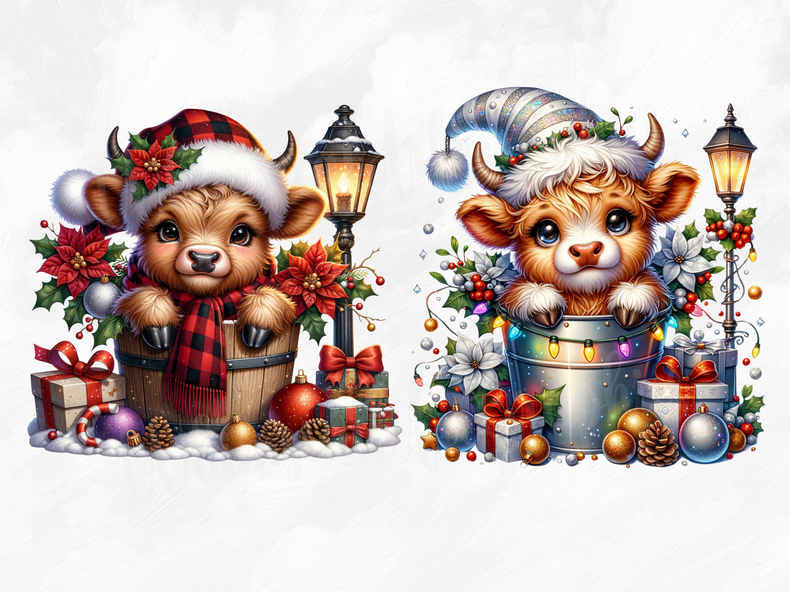 Watercolor Christmas Highland Cows Clipart, 12 PNG Christmas Clipart ...