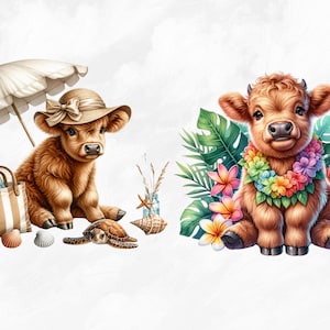 Watercolor Summer Highland Cows Collection Clipart, 12 PNG Beach ...