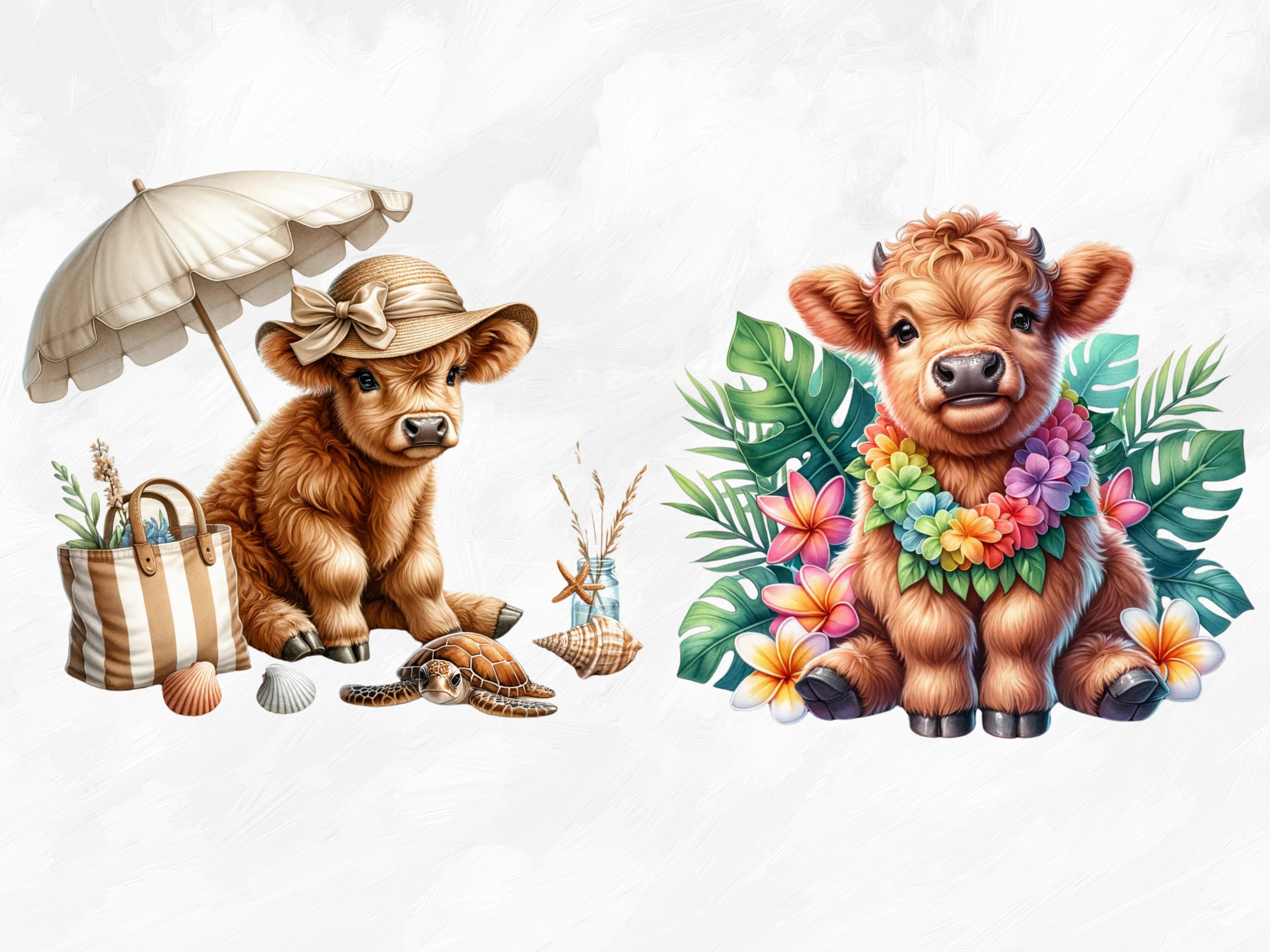 Watercolor Summer Highland Cows Collection Clipart, 12 PNG Beach ...
