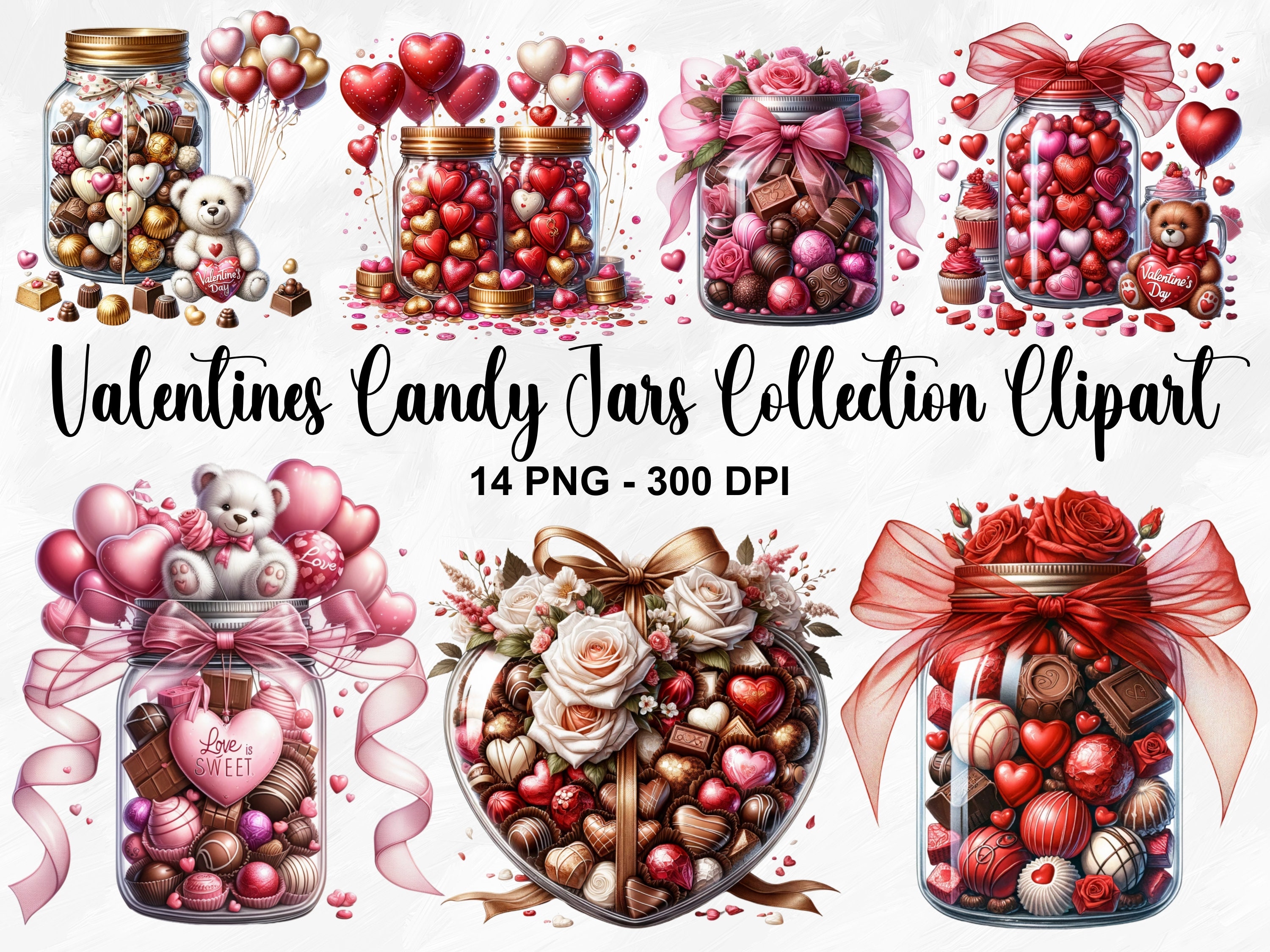 Watercolor Valentines Candy Jars Clipart, 14 PNG Valentines Day Clipart ...