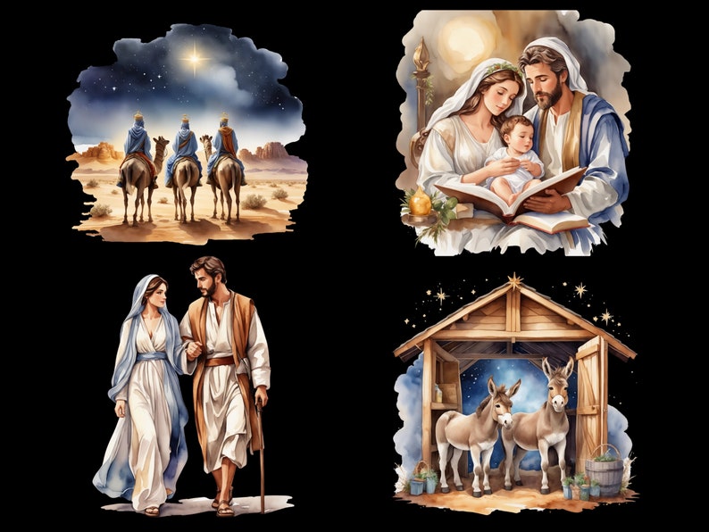 Watercolor Nativity Scene Clipart, 24 PNG Christmas Nativity Set ...
