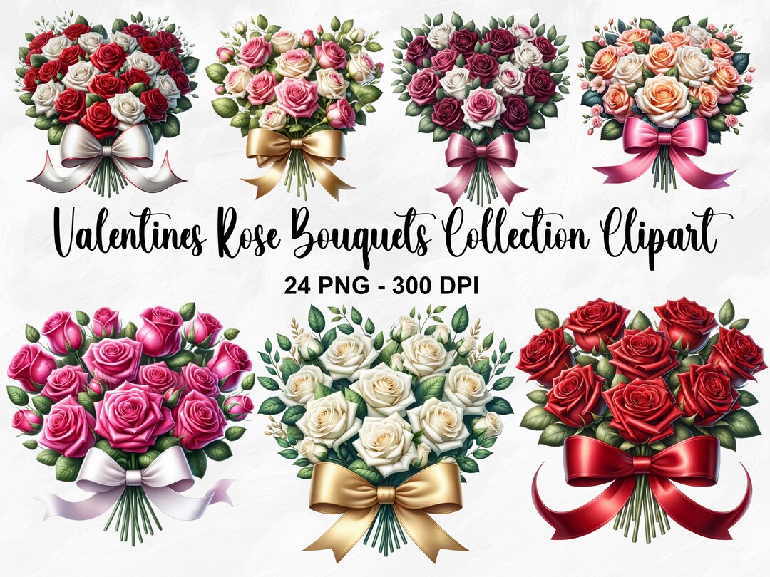 Watercolor Valentines Rose Bouquets Clipart, 24 PNG Valentines Day ...