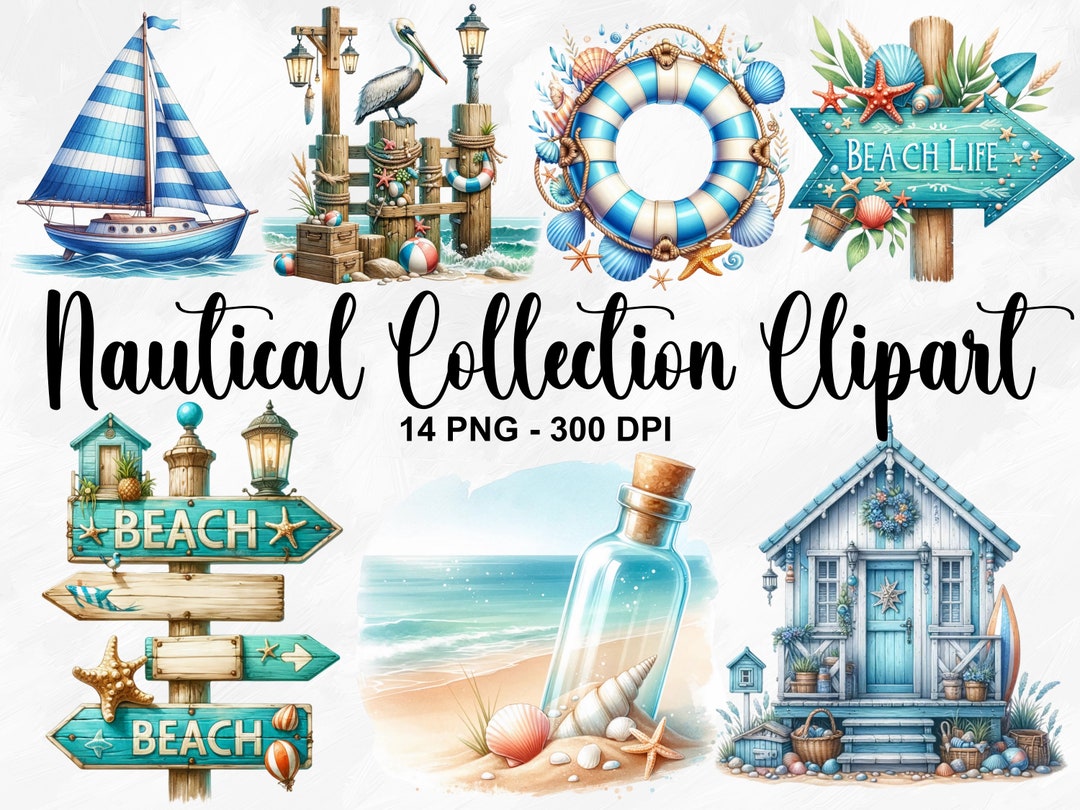 Watercolor Nautical Collection Clipart, 14 PNG Beach Clipart, Travel ...