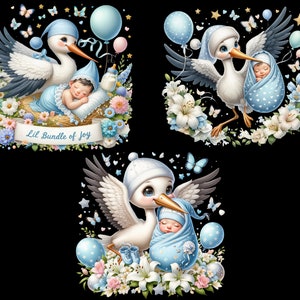 Watercolor Baby Boy Stork Collection Clipart, 12 PNG Stork Baby Boy ...