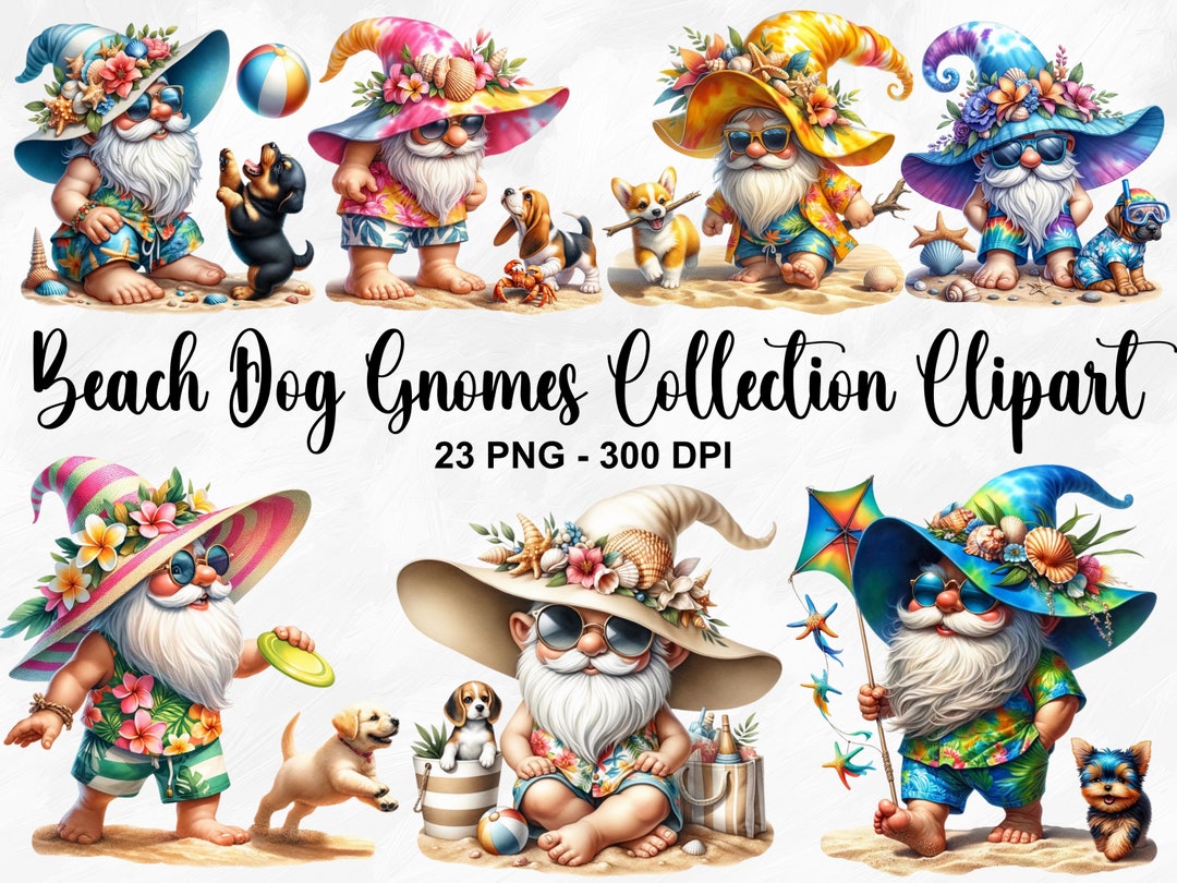 Watercolor Beach Dog Gnomes Collection Clipart, 23 PNG Beach Gnome ...