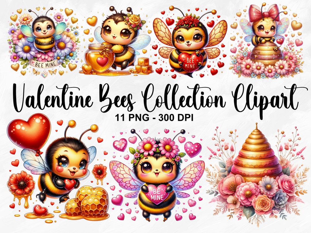 Watercolor Valentine Bees Clipart, 11 PNG Valentines Day Clipart, Cute ...