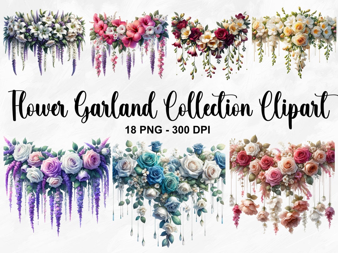 Watercolor Flower Garland Collection Clipart, 18 PNG Flower Arrangement ...