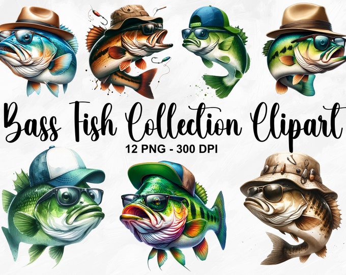 11 PNG, Bass Fish Clipart Bundle, Funny Bass Fish Png,watercolor Bass ...