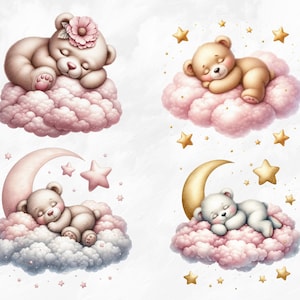 Watercolor Pink Sleepy Teddy Bear Clipart, 23 PNG Cute Baby Bear ...