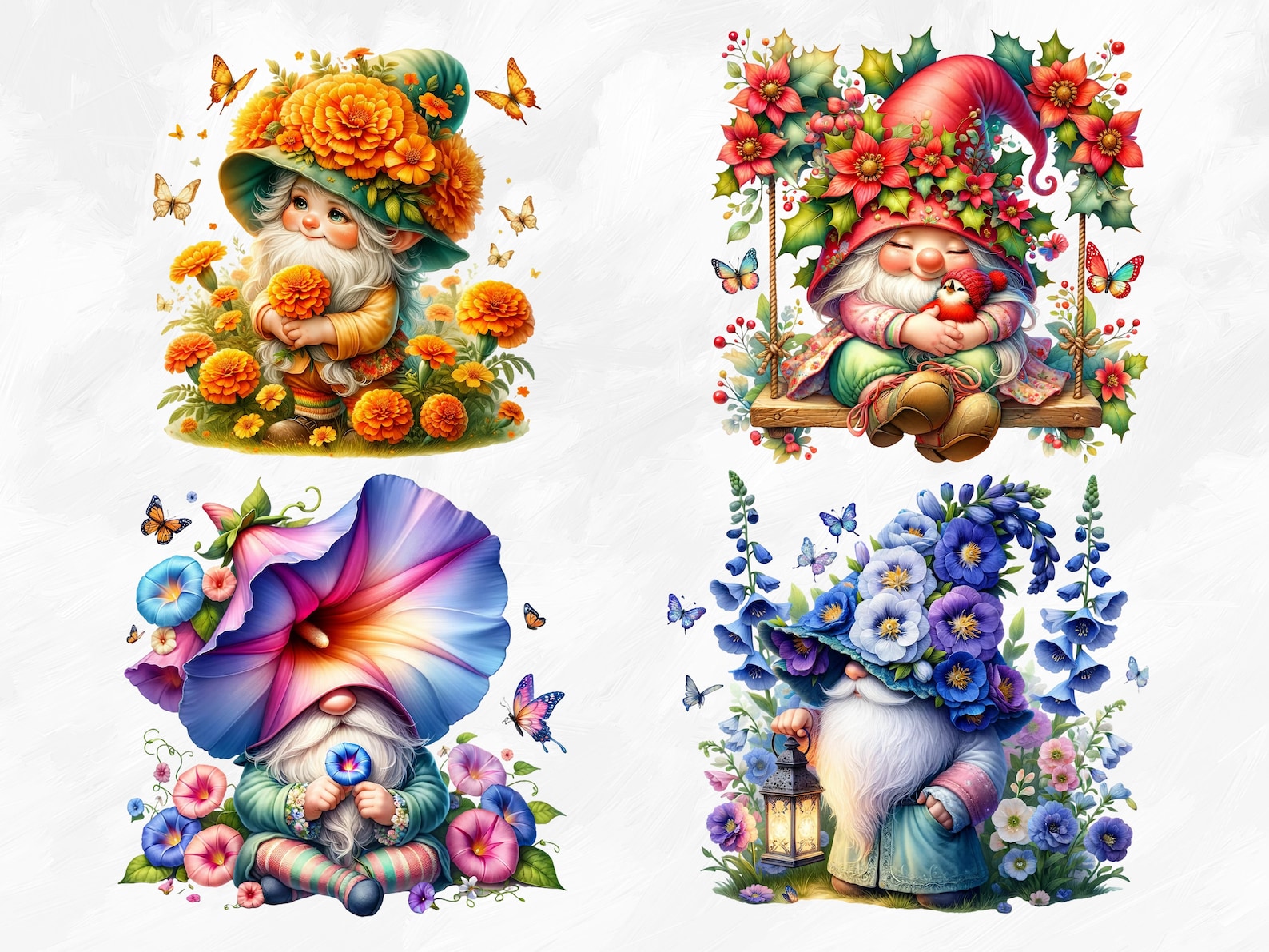 Watercolor Birth Month Flower Gnomes Clipart, 36 PNG Garden Gnome ...