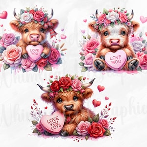 Watercolor Candy Heart Cows Collection Clipart, 12 PNG Valentines ...