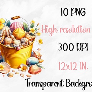 Watercolor Seashell Buckets Collection Clipart, 10 PNG Beach Clipart ...