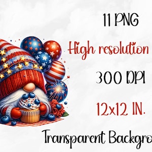 Watercolor 4th of July Gnomes Clipart, 11 PNG Patriotic Gnome Clipart ...