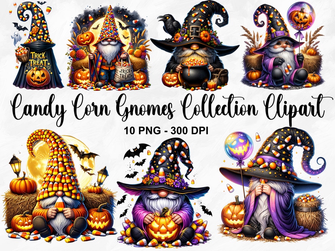 Watercolor Candy Corn Gnomes Collection Clipart, 10 PNG Halloween ...
