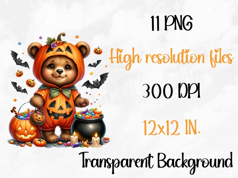 Watercolor Cute Halloween Bears Collection Clipart, 11 PNG Halloween ...