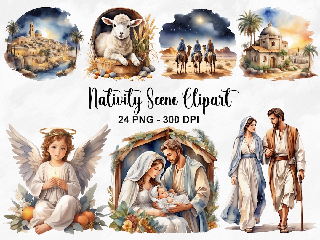 Watercolor Nativity Scene Clipart, 24 PNG Christmas Nativity Set ...